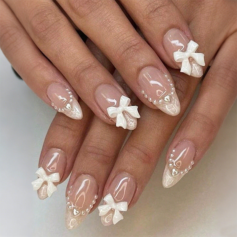 N-203 - Pearl & Bow Shiny - Press On Nail Set Of 24 - Free Nail Kit In ...