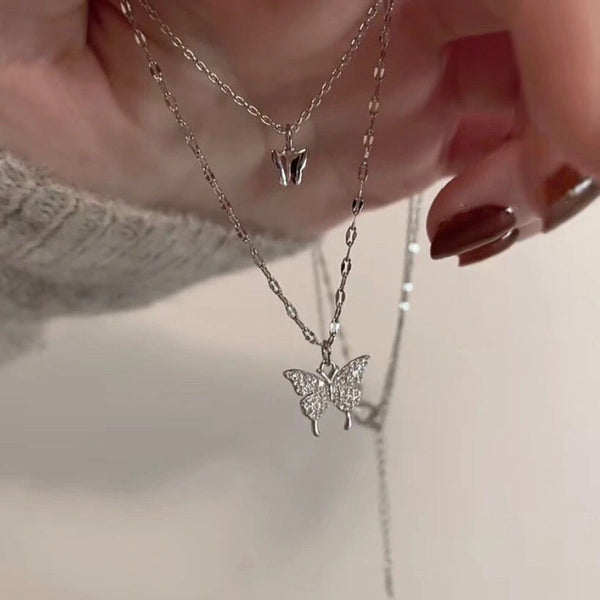 UNI-10251 - Butterfly Double Layer Silver - Necklace – AB Wholesale