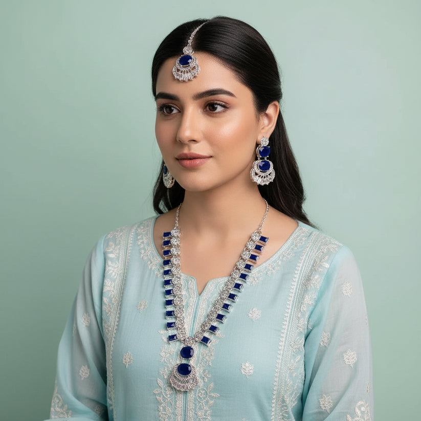 PJ-115 - Crystal Long Mala Silver - Jewelry Set – AB Wholesale